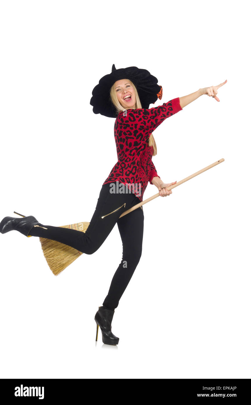 Funny witch with broom isolated on white Stock Photo - Alamy