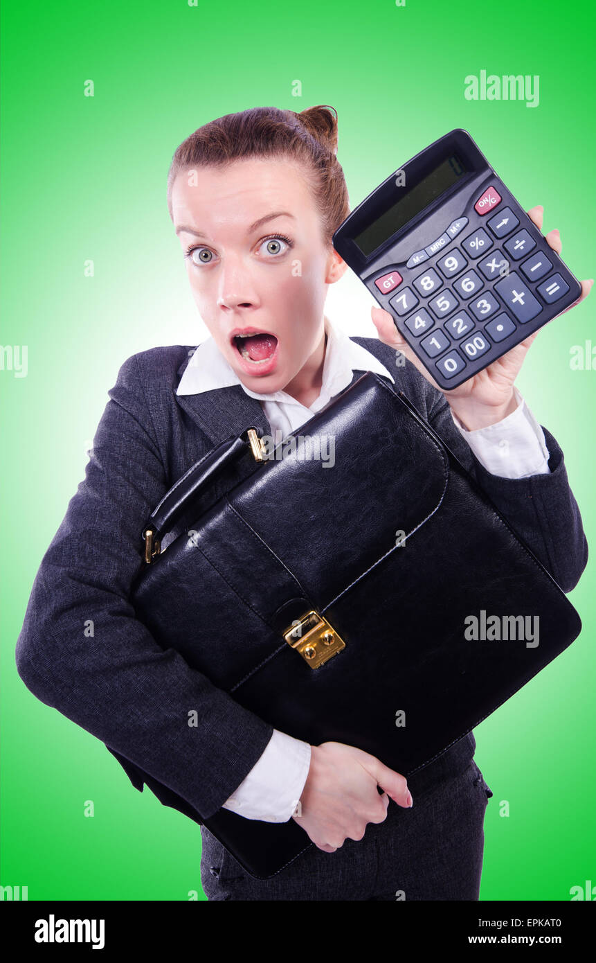 Nerd female accountant with calculator Stock Photo - Alamy
