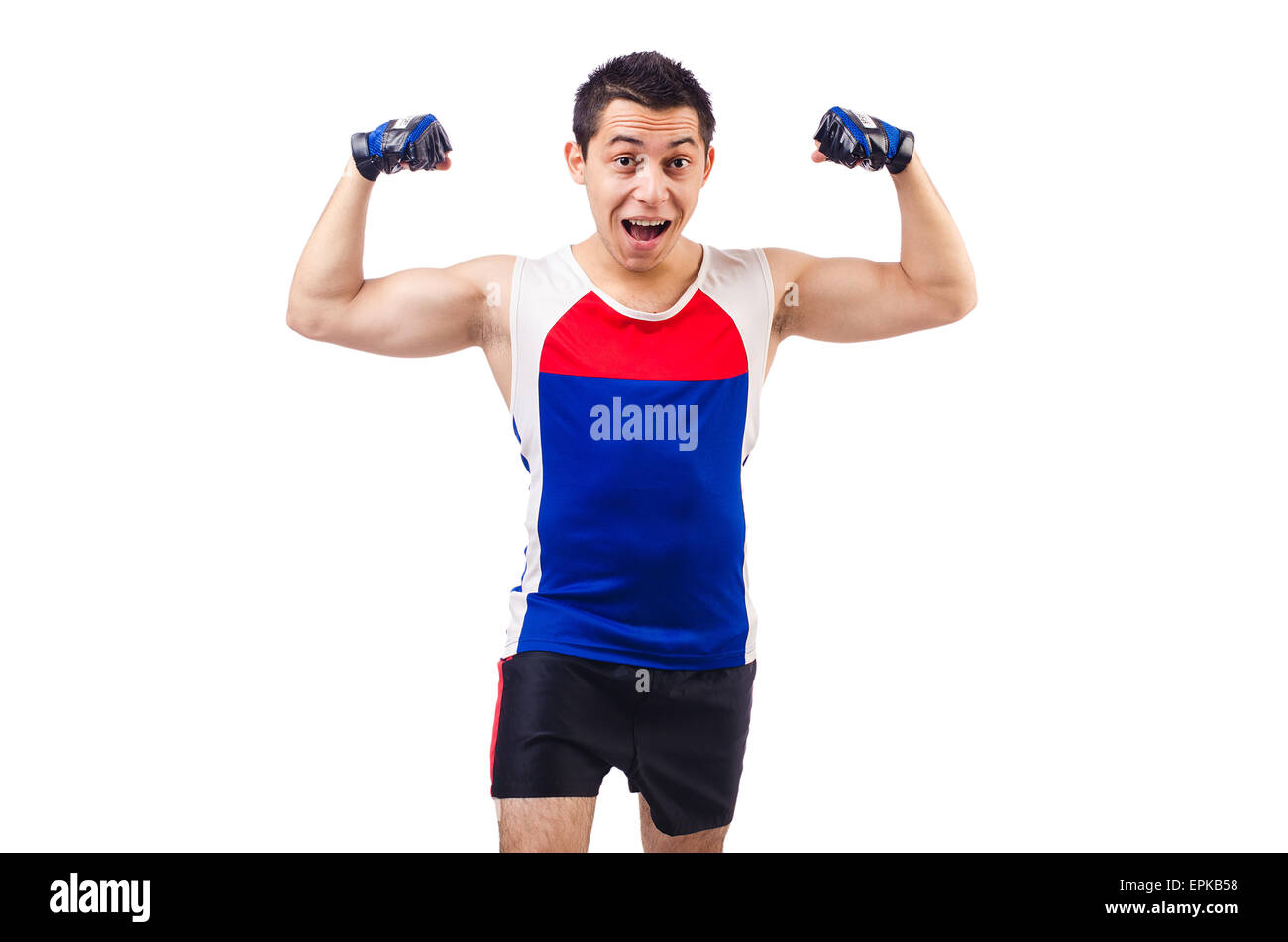 Funny man exercising on white Stock Photo - Alamy