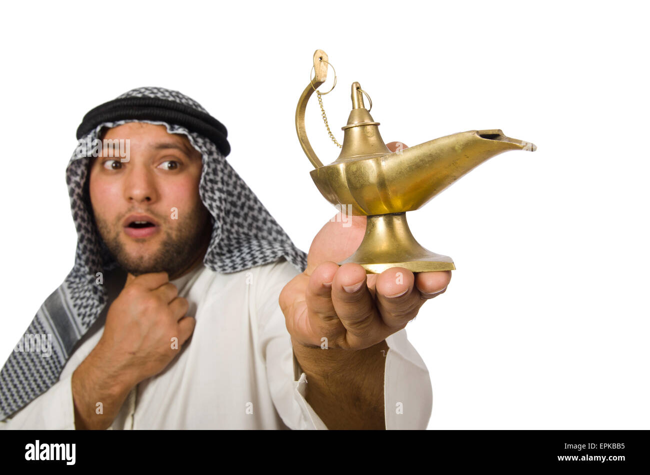Arab man with lamp isolated on white Stock Photo - Alamy