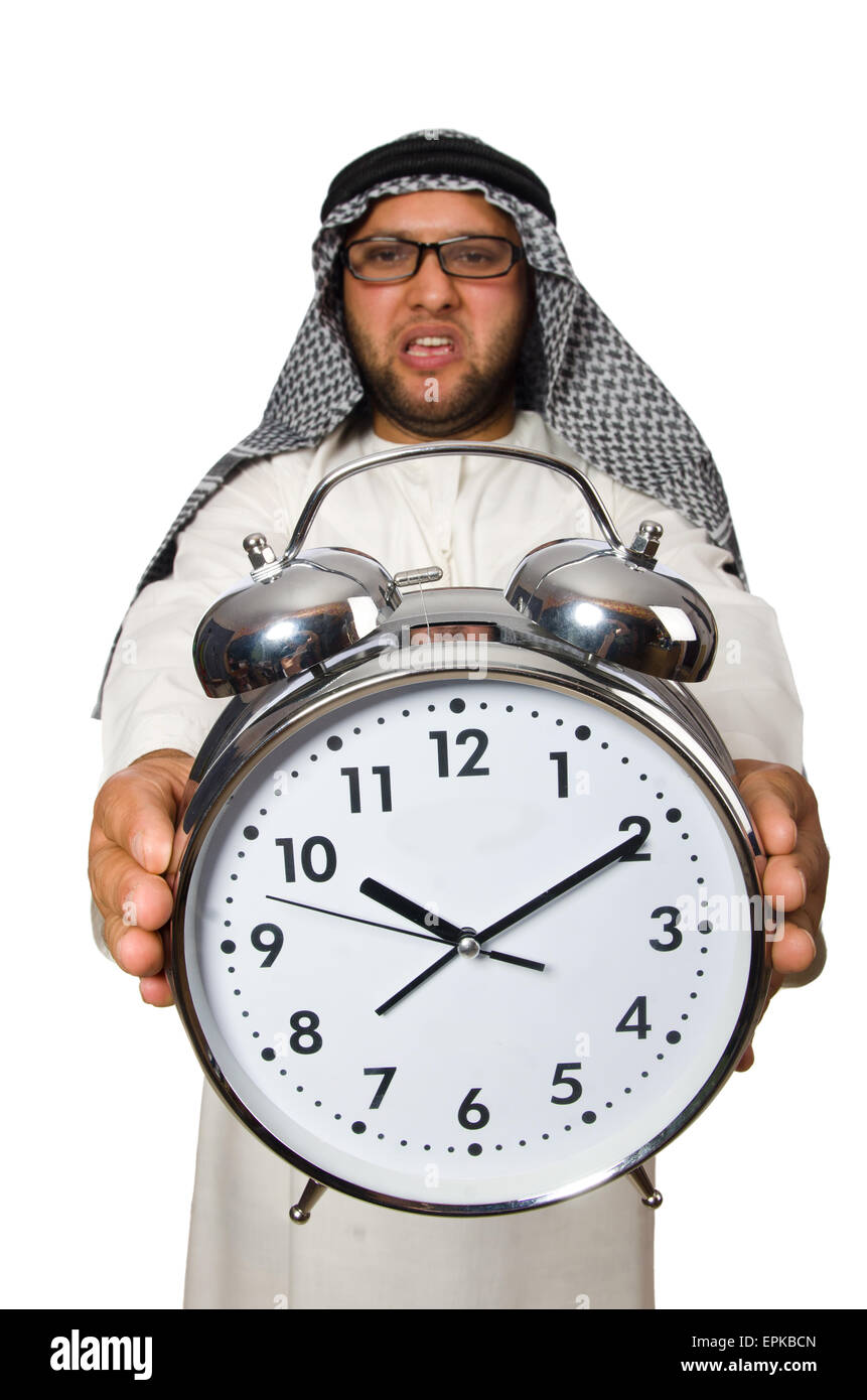 Arab man with clock isolated on white Stock Photo - Alamy