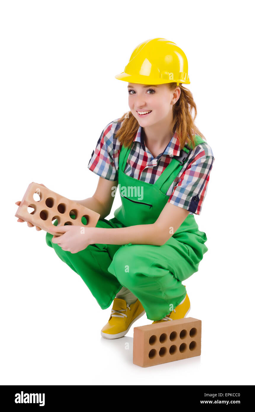 Woman with bricks isolated on white Stock Photo - Alamy