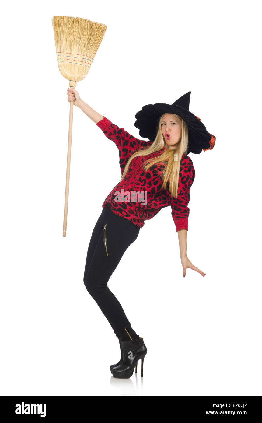 Funny witch with broom isolated on white Stock Photo - Alamy