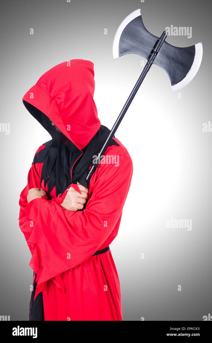 Executioner in red costume with axe on white Stock Photo - Alamy