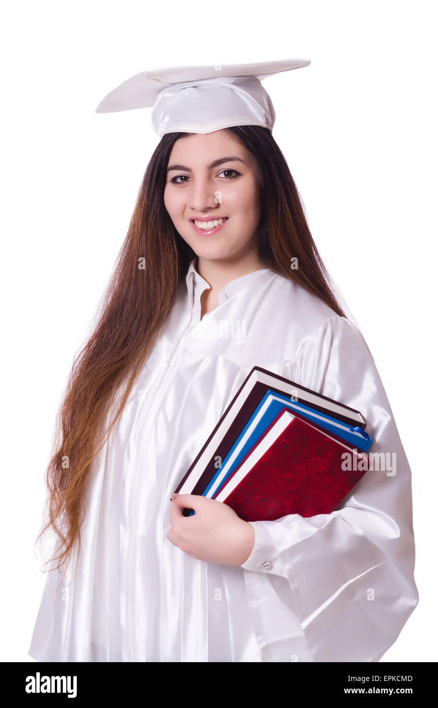 Woman graduate isolated on white Stock Photo - Alamy