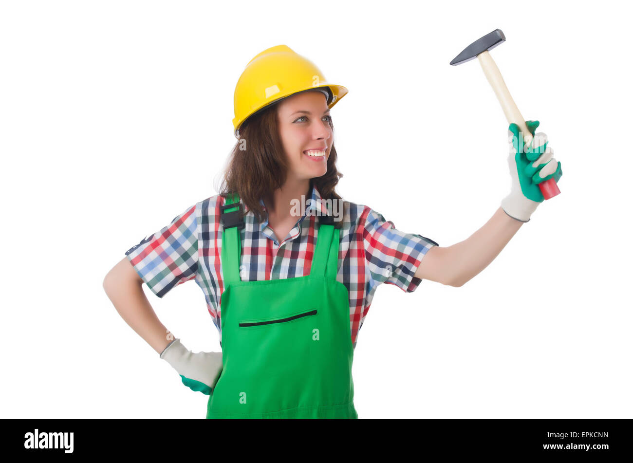 Young woman with hammer on white Stock Photo - Alamy