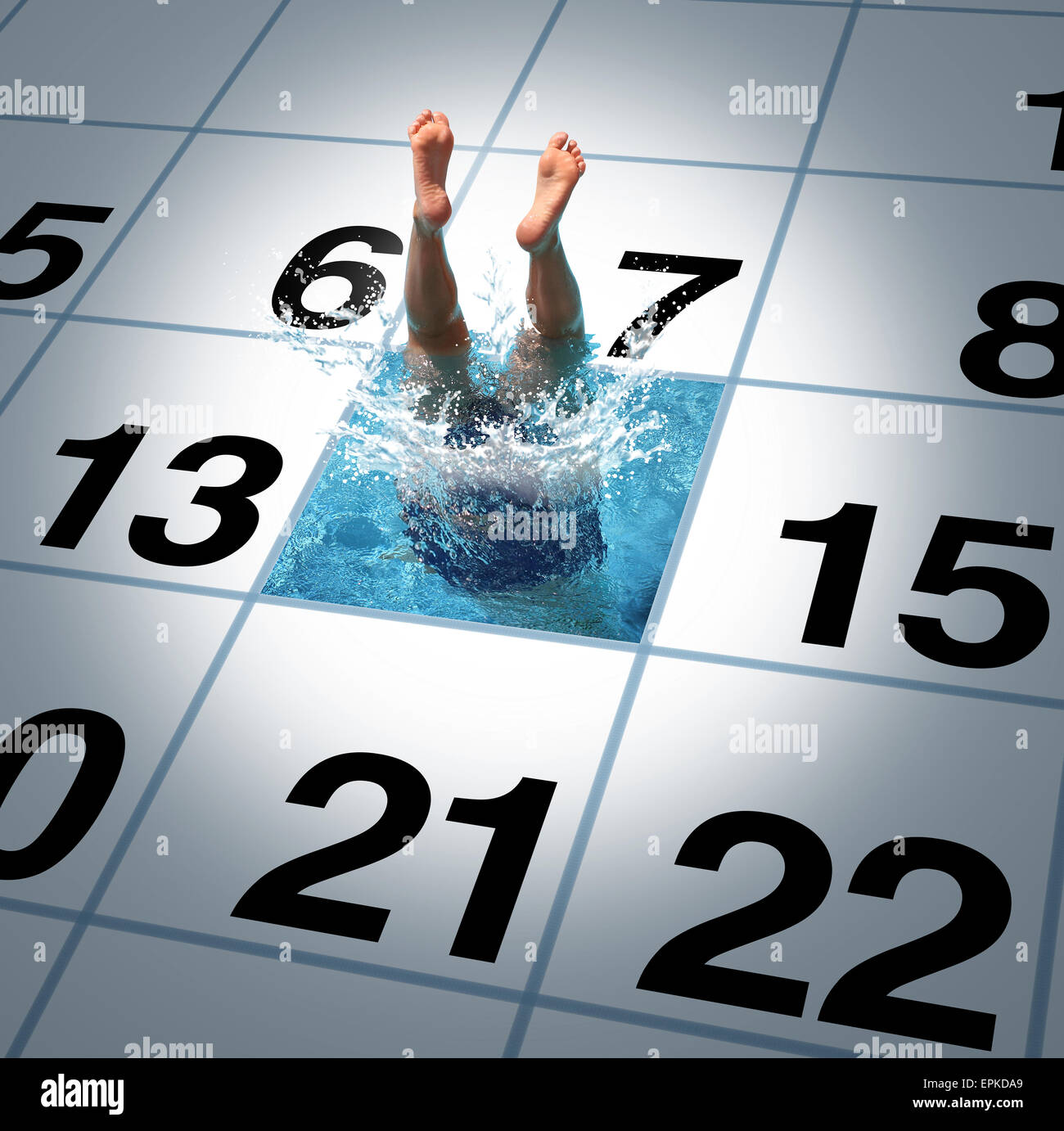 Swimming time as a person jumping and diving into a calendar with a ...
