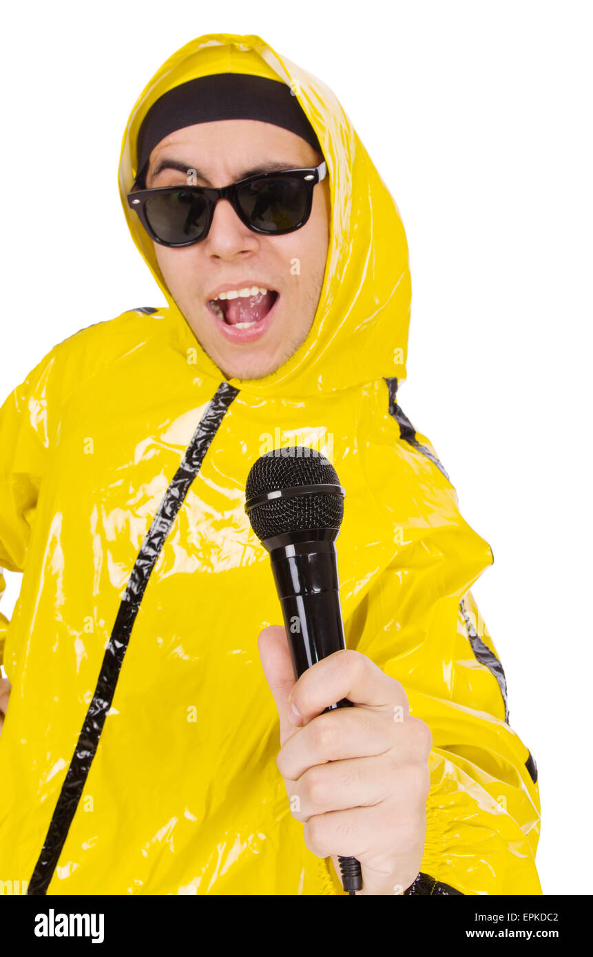 Funny performer with mic isolated on the white Stock Photo - Alamy