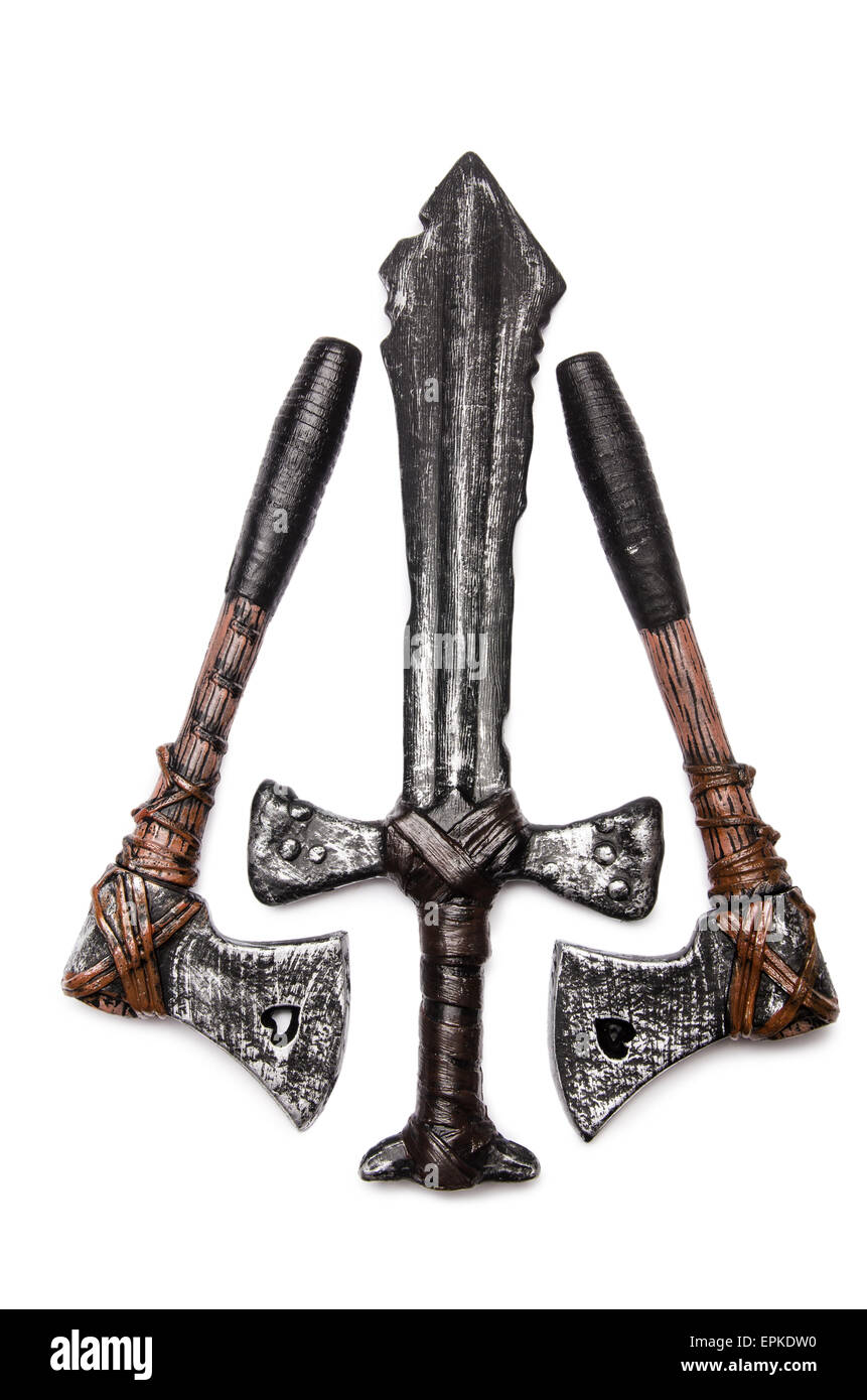 One dagger and two axes isolated on white Stock Photo - Alamy