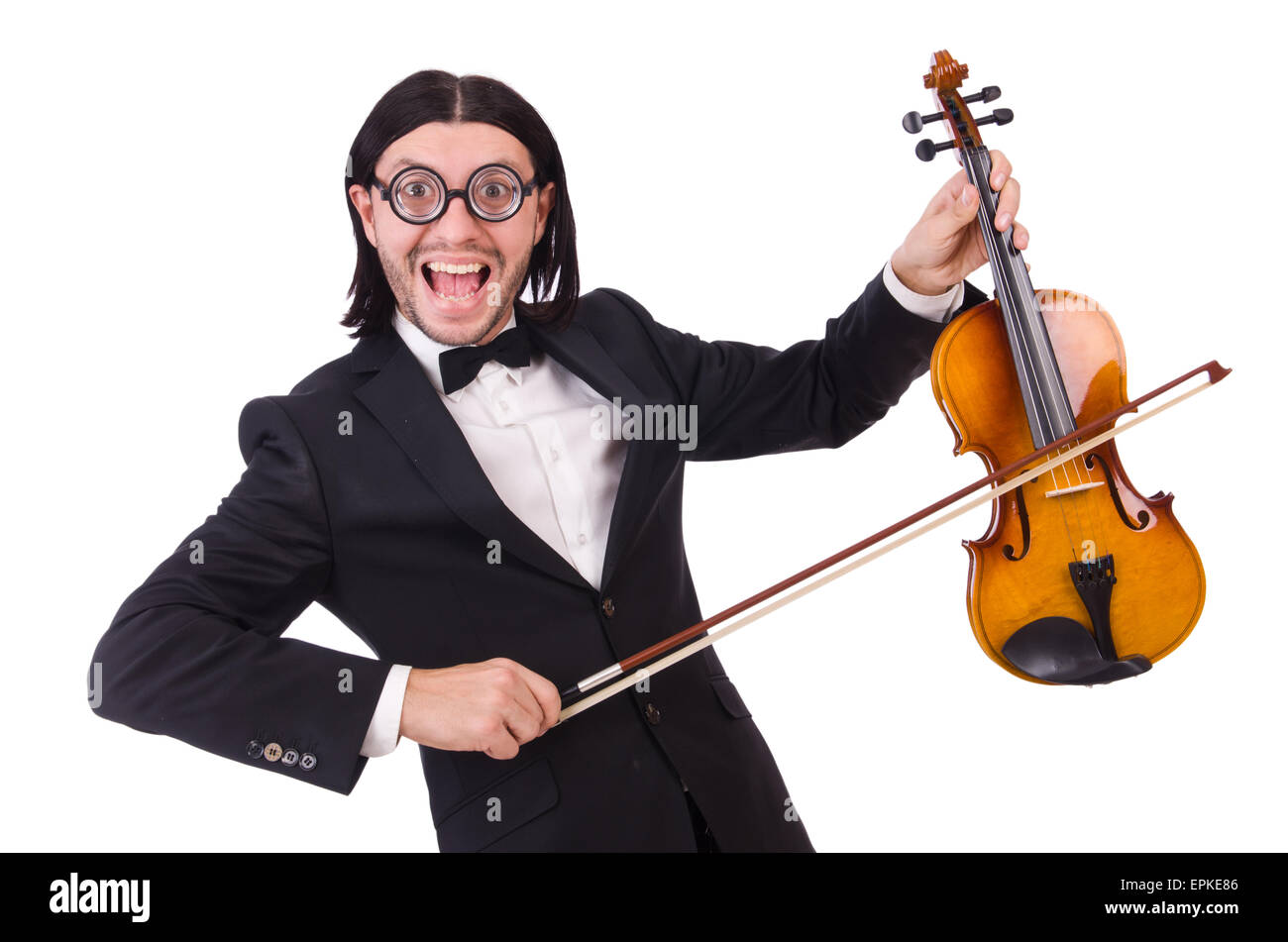 Funny man with music instrument on white Stock Photo - Alamy