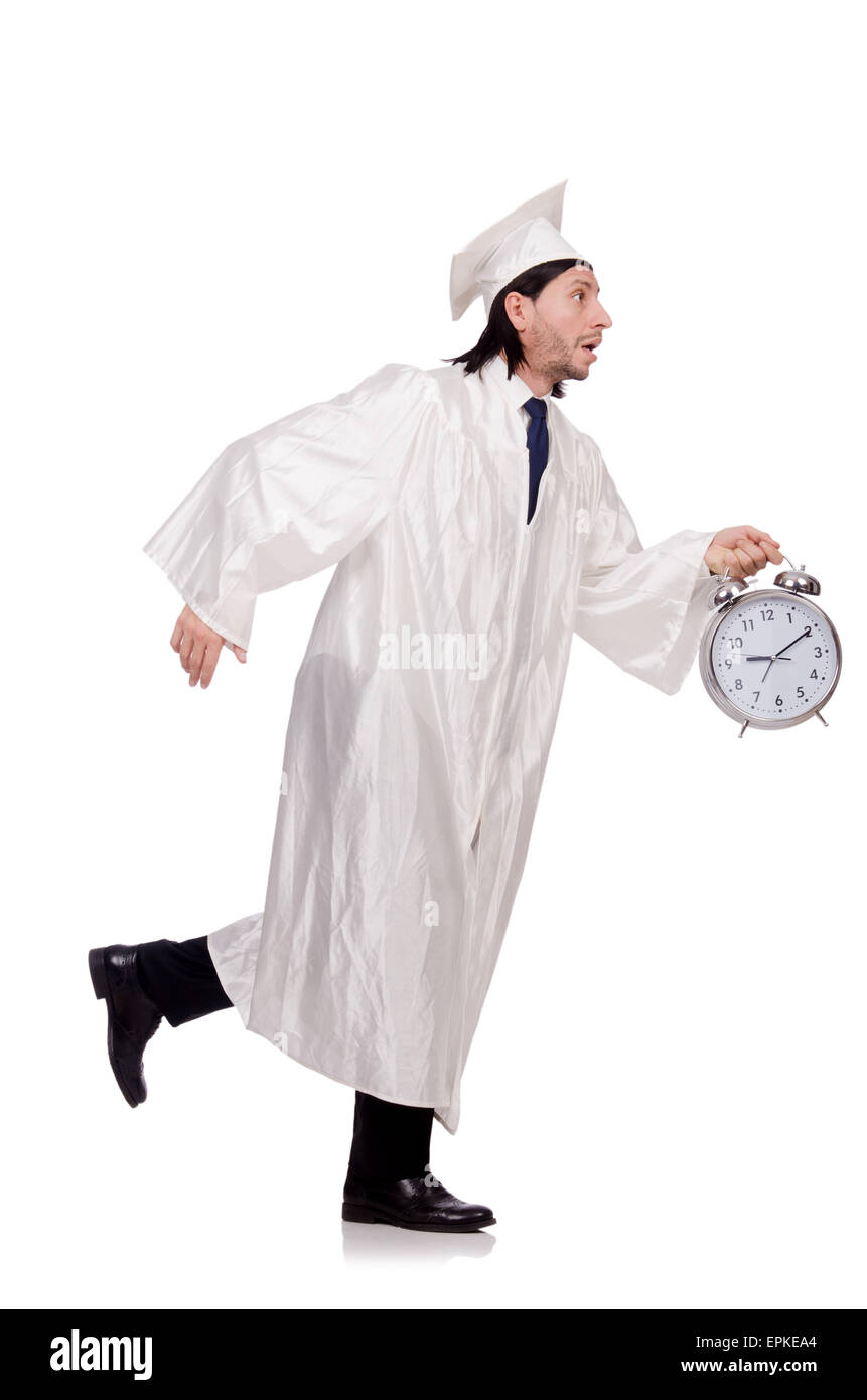 Student missing his deadlines with clock on white Stock Photo - Alamy