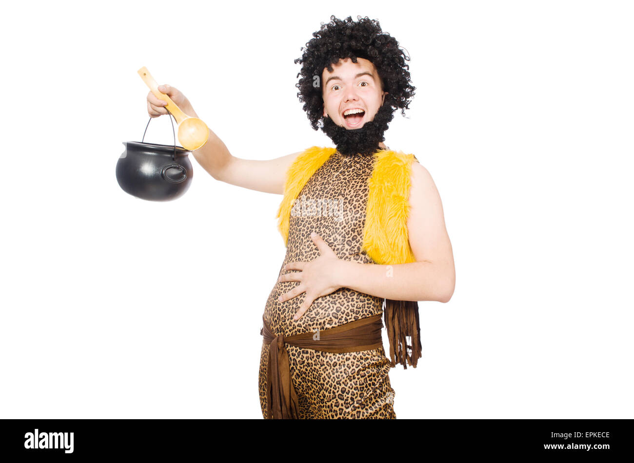 Funny caveman with pot isolated on white Stock Photo - Alamy