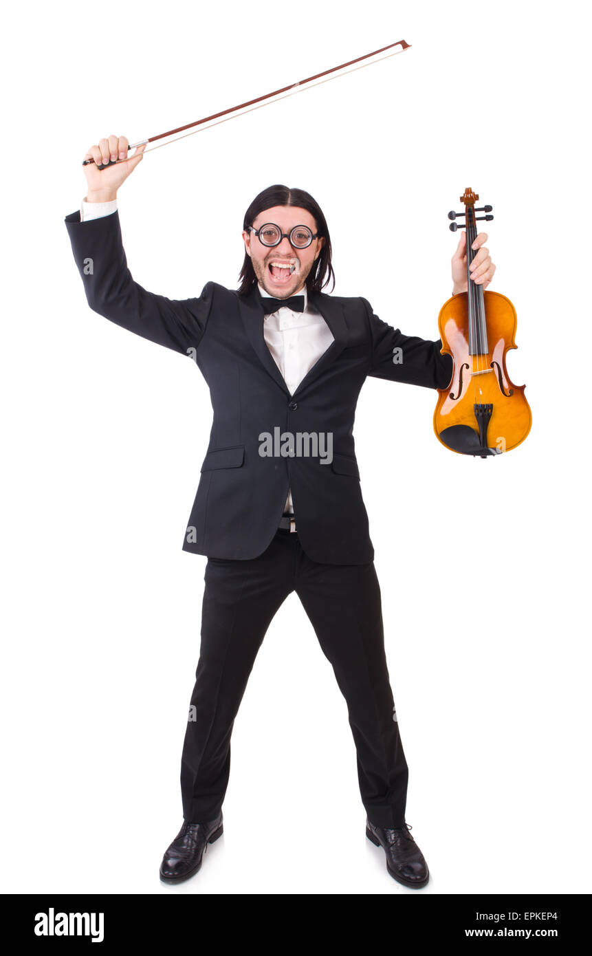 Funny man with music instrument on white Stock Photo - Alamy