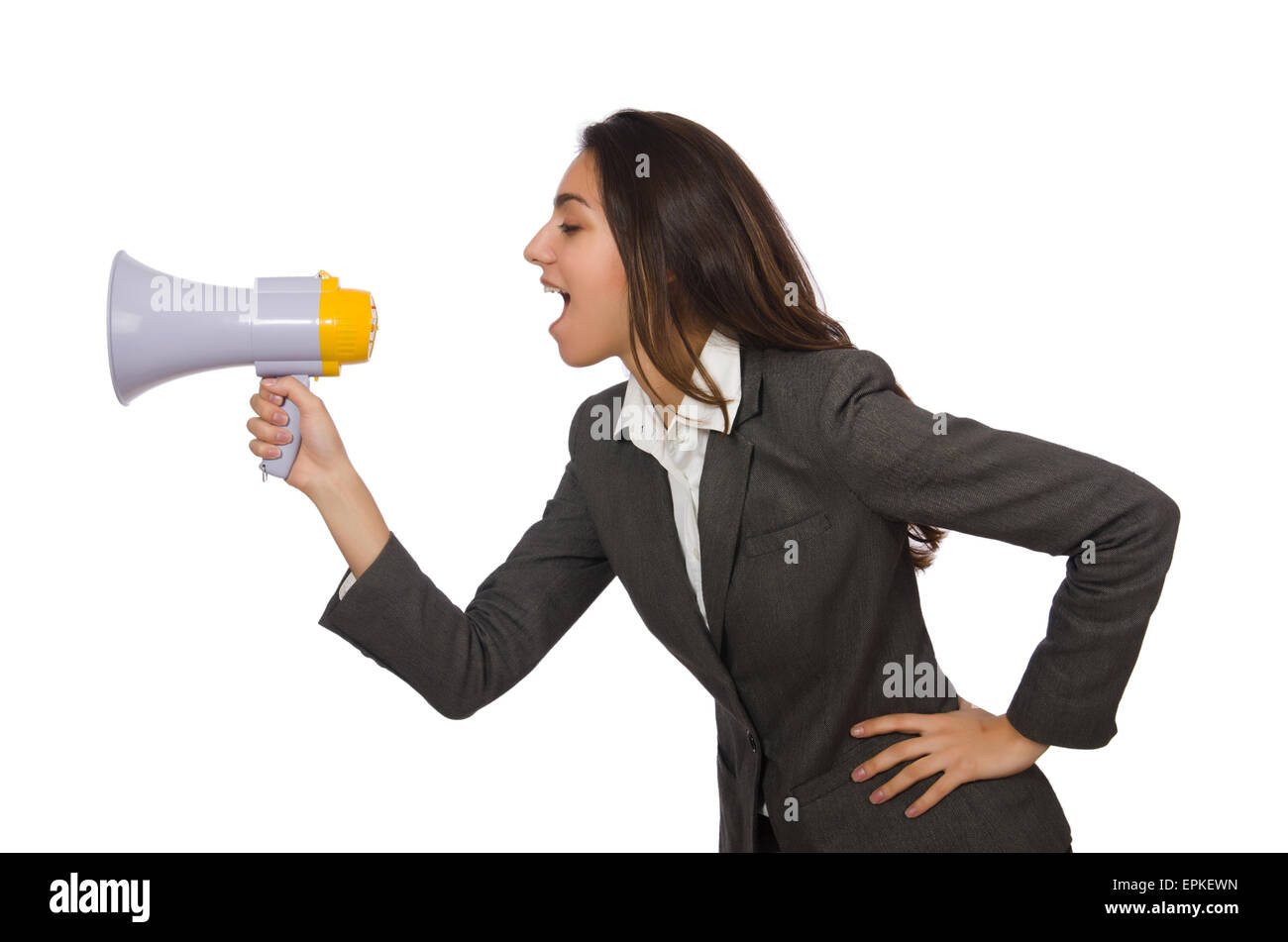 Woman with loudspeaker on white Stock Photo - Alamy