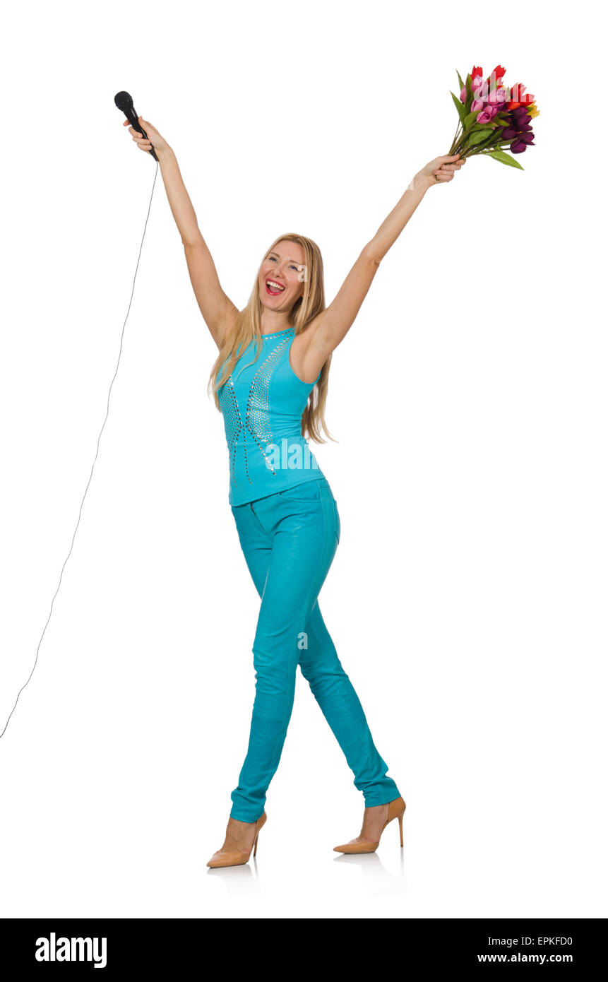 Young woman singer isolated on white Stock Photo - Alamy