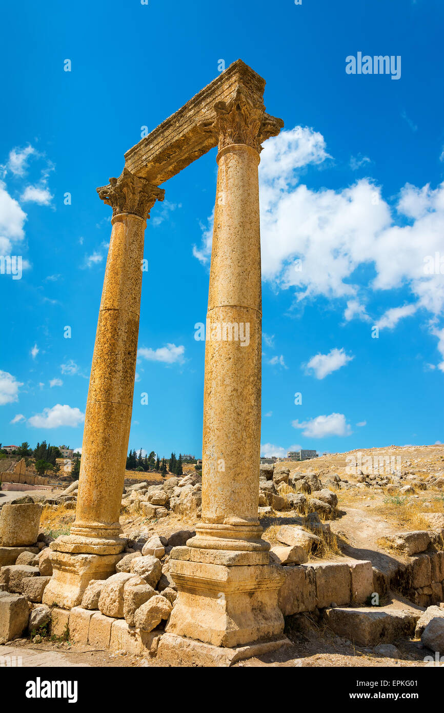 Capped pillars in Jerash Jordan site of an ancient Roman ruin Stock ...