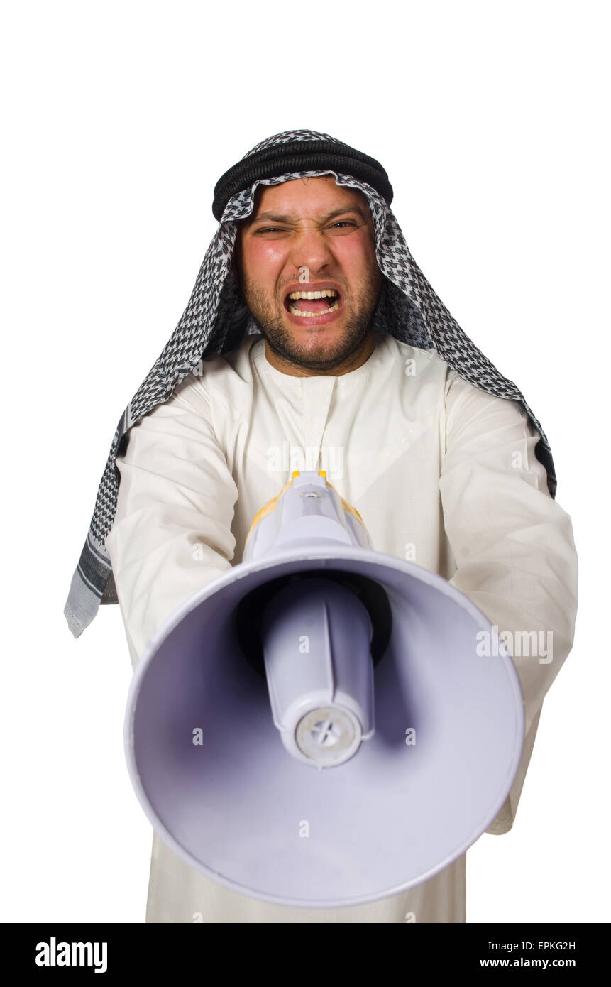 Arab man with loudspeaker isolated on white Stock Photo - Alamy