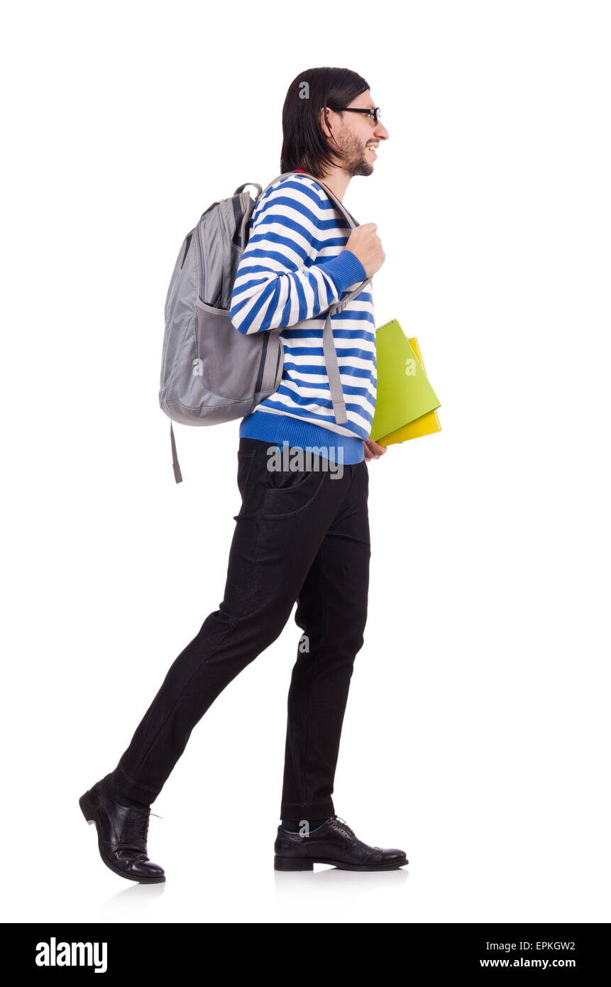 Student rushing to the lesson isolated on white Stock Photo - Alamy