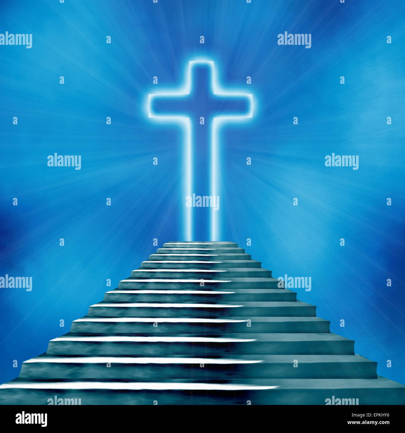 Glowing holy cross and staircase leading to heaven or hell Stock Photo ...