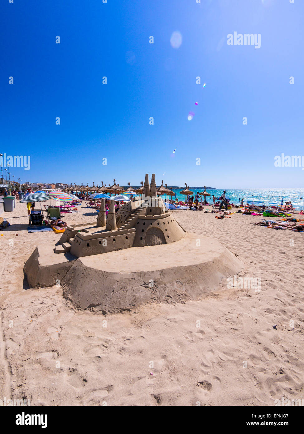 Spain, Baleares, Mallorca, El Arenal, Platja de Palma, sandcastle Stock ...