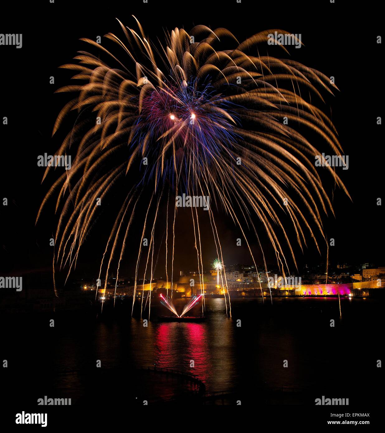 Fireworks. Colorful fireworks with Valletta background, big explosion ...