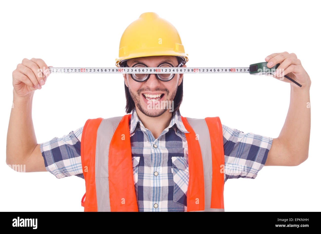 Funny constructon worker with tape-line isolated on white Stock Photo ...