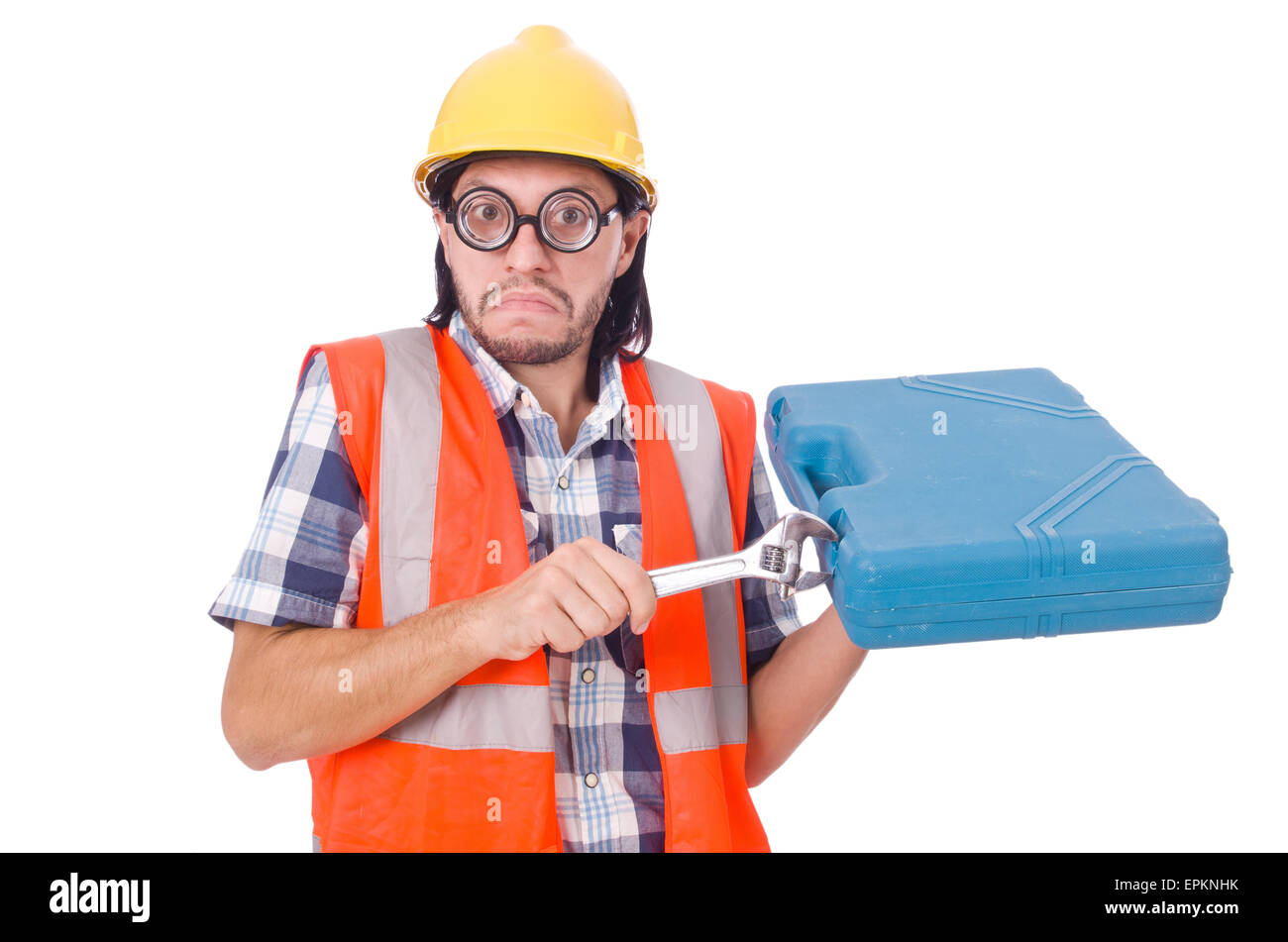Funny young construction worker with toolbox and wrench isolated on ...