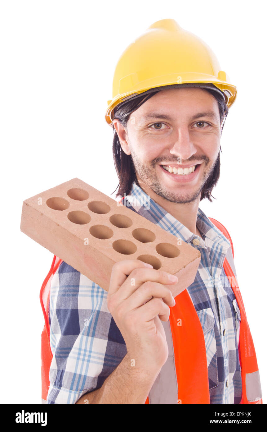 Young bricklayer with brick isolated on white Stock Photo - Alamy