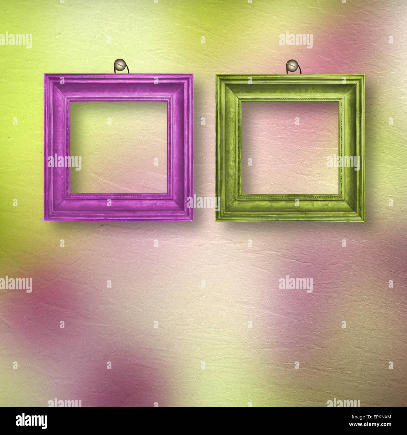 Multicolored bright frames hanging on the abstract pastel background ...