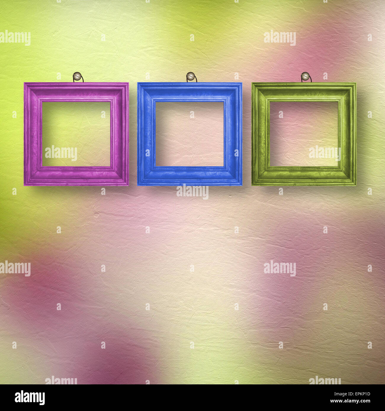 Multicolored bright frames hanging on the abstract pastel background ...