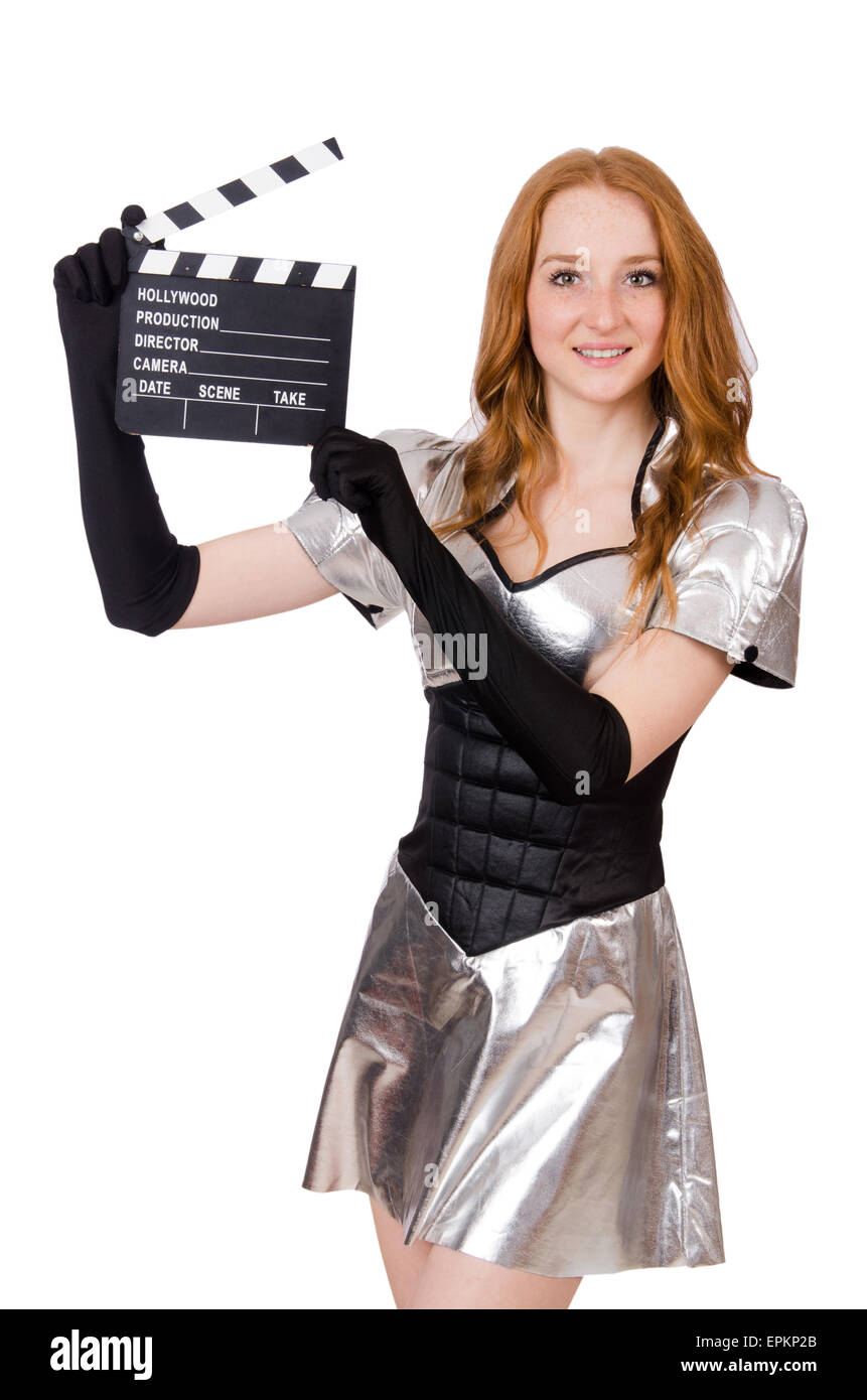 Woman in tech concept isolated on white Stock Photo - Alamy