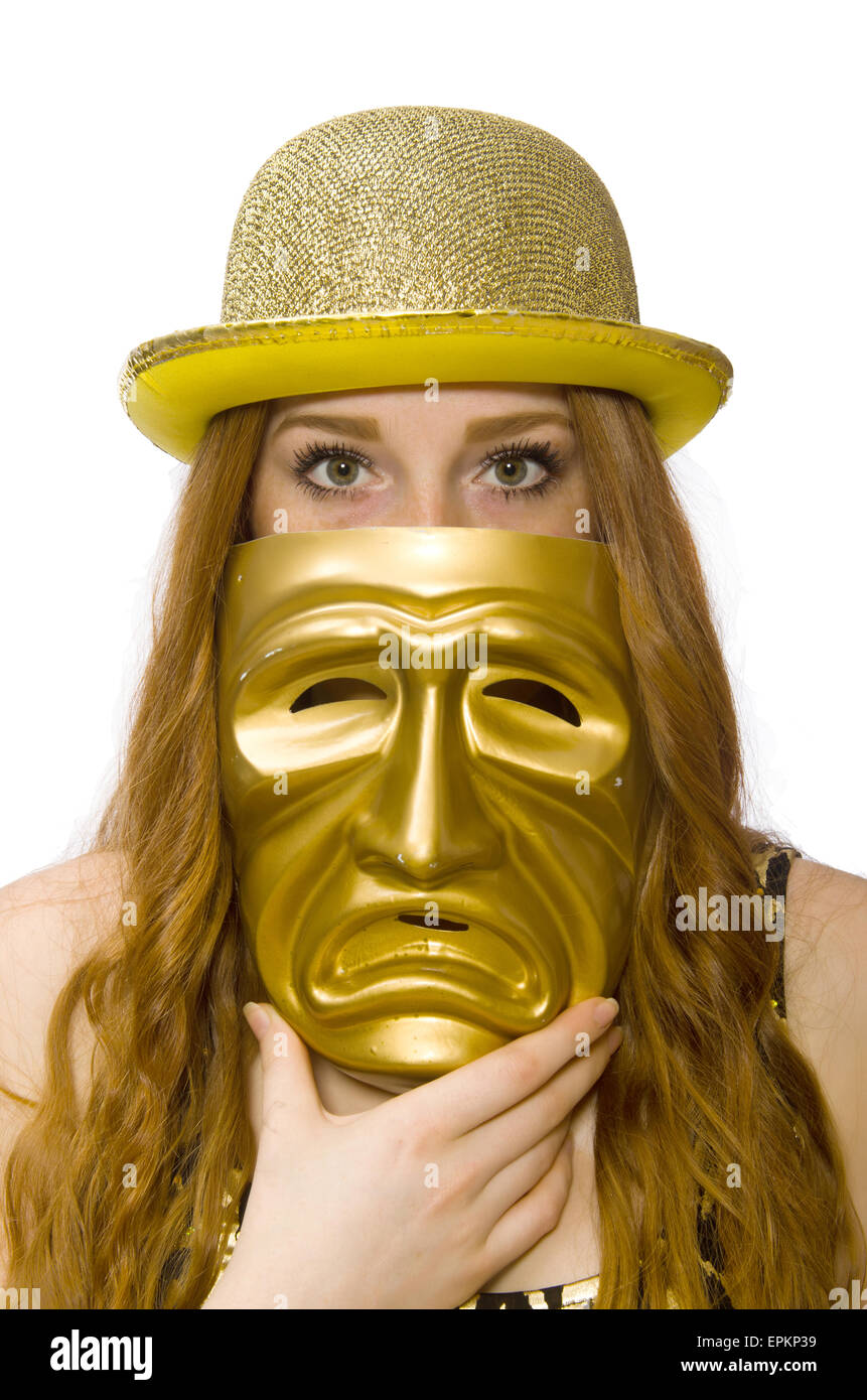 Girl in golden mask isolated on white Stock Photo - Alamy