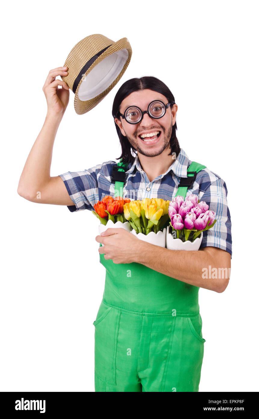 Young funny gardener with tulips isolated oin white Stock Photo - Alamy