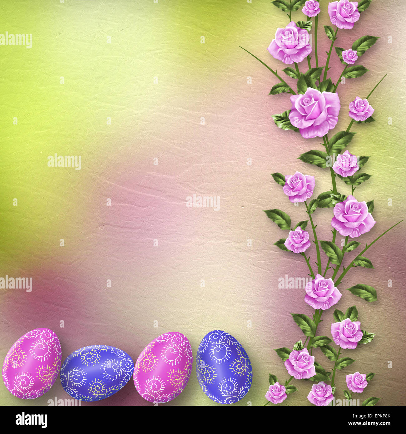 Pastel background with multicolored eggs and roses to celebrate Easter ...