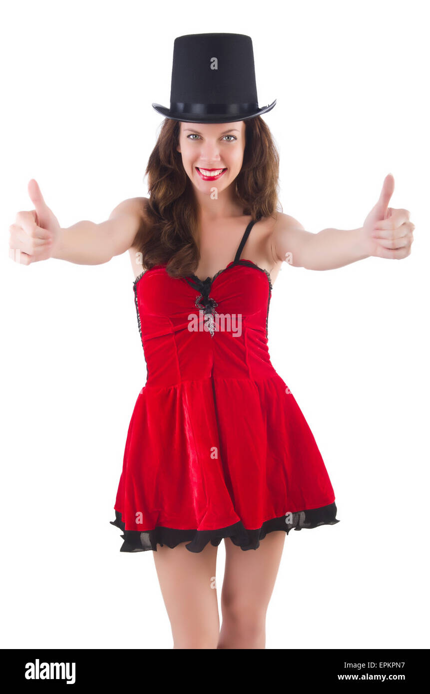 Female model posing in red mini dress isolated on white Stock Photo - Alamy