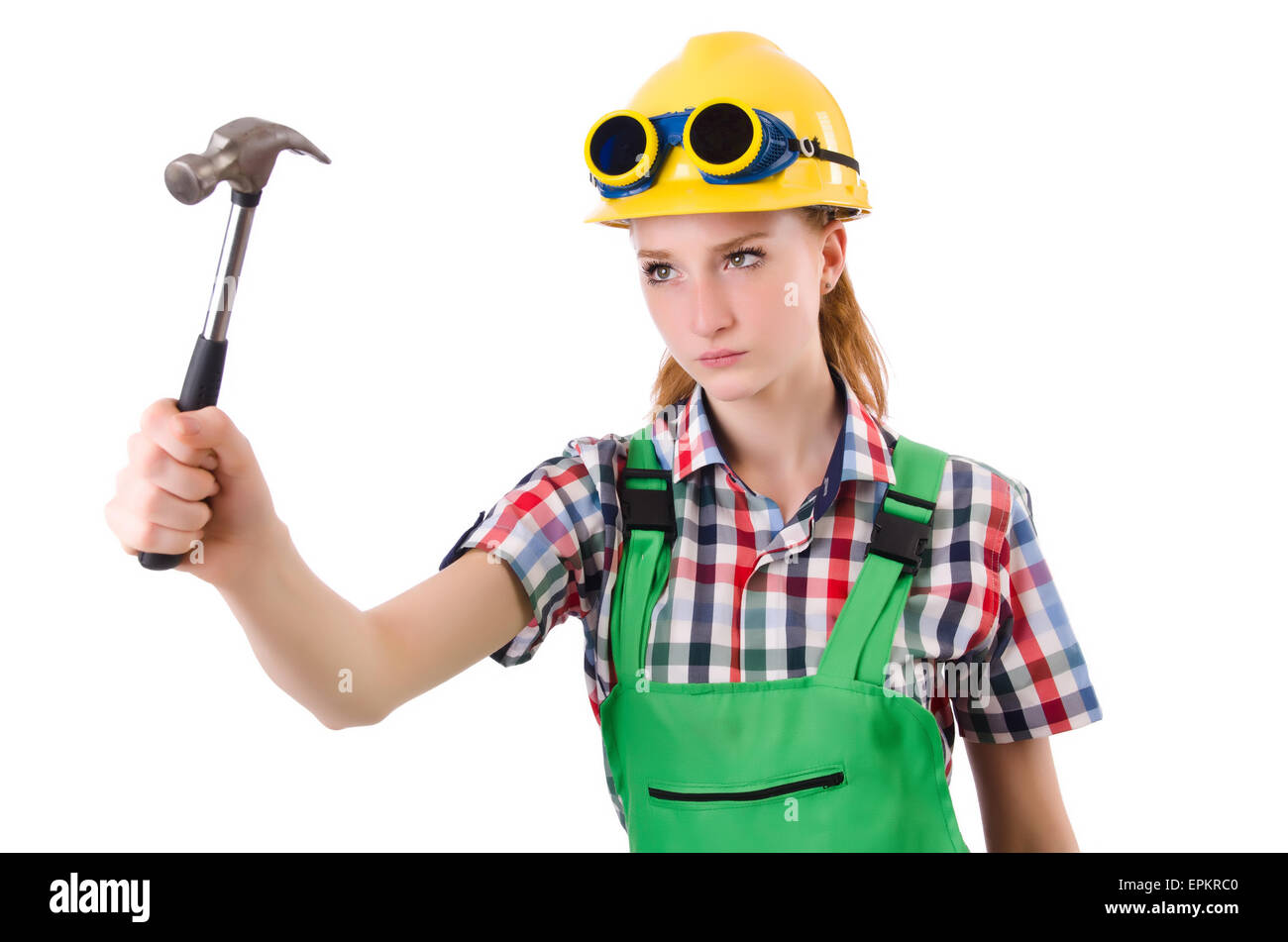 Female handyman in overalls isolated on white Stock Photo - Alamy