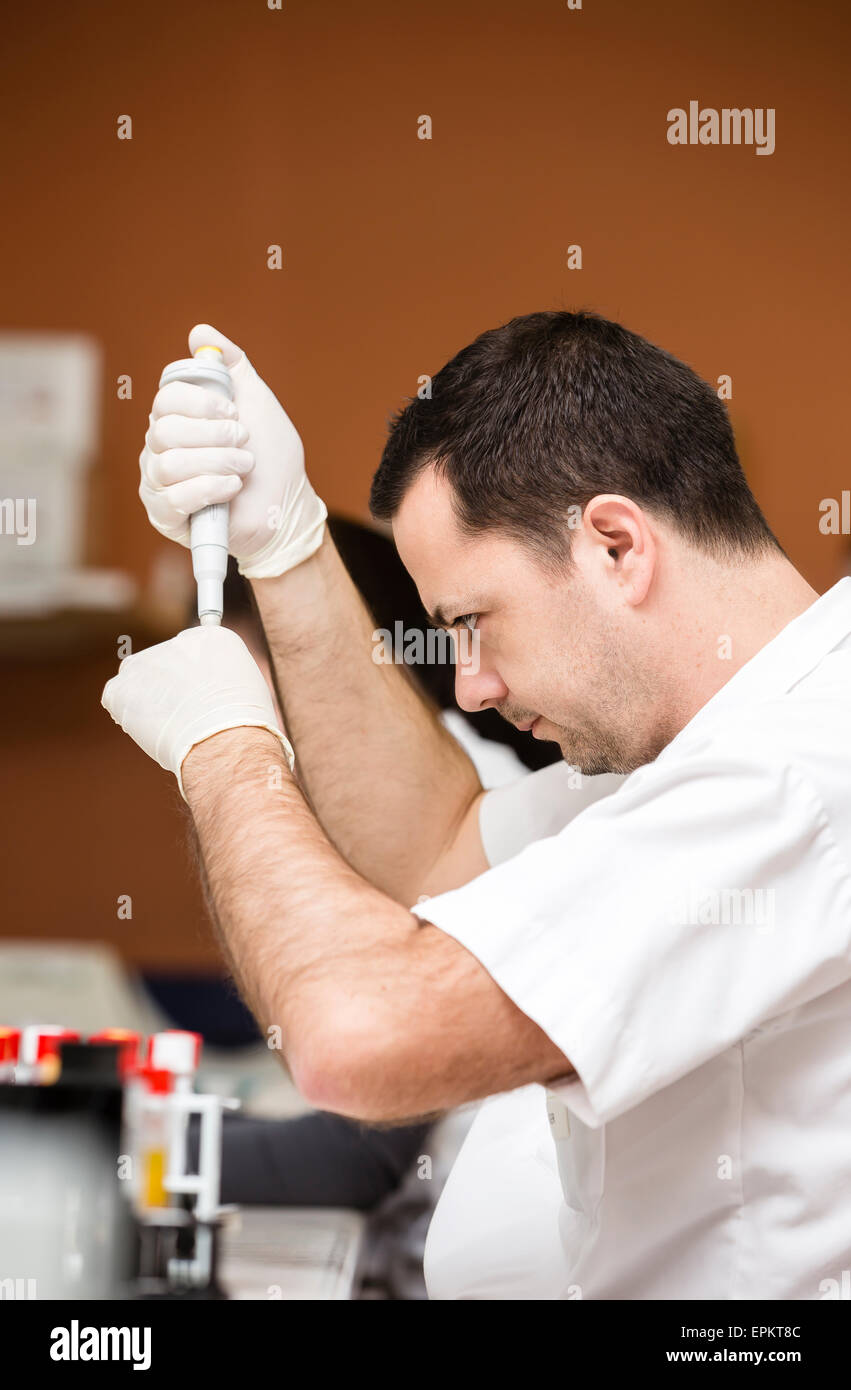 Lab technician analysing blood sample Stock Photo - Alamy