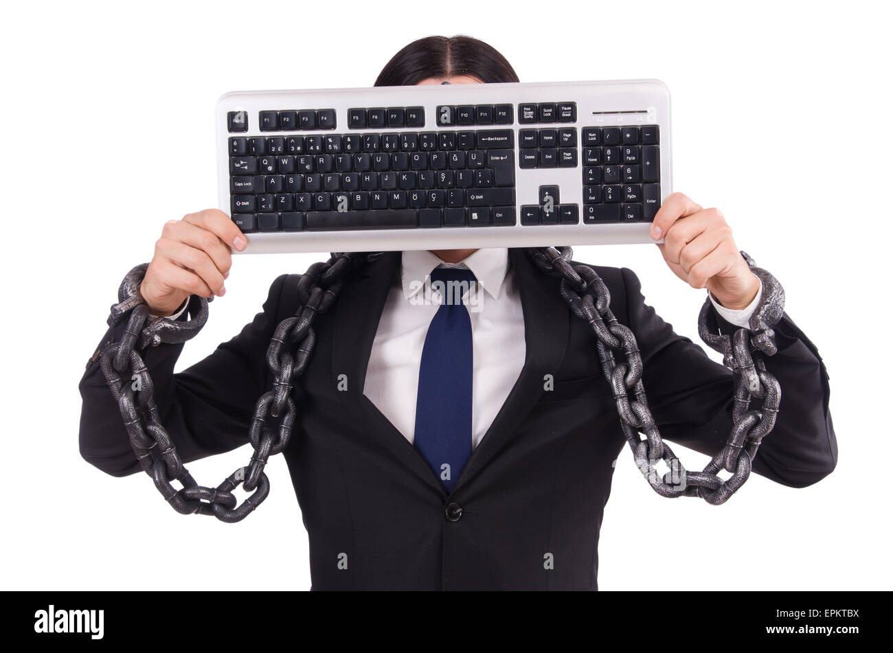 Businessman with keyboard isolated on white Stock Photo - Alamy