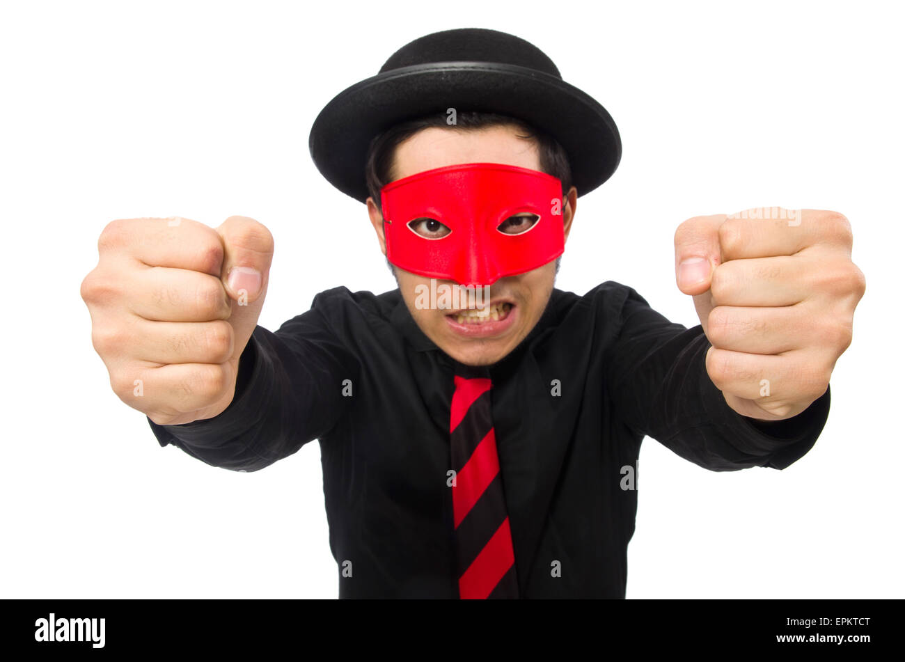 Young man with red mask isolated on white Stock Photo - Alamy