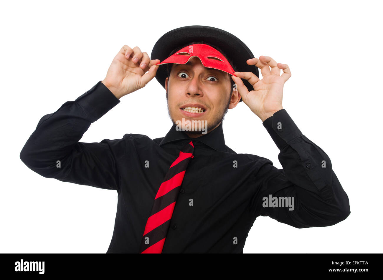 Young man with red mask isolated on white Stock Photo - Alamy