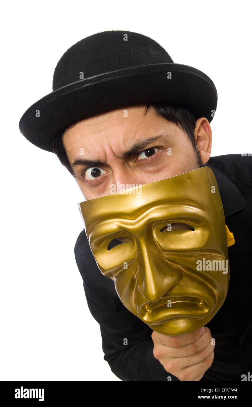 Young man with golden Venetian mask isolated on white Stock Photo - Alamy