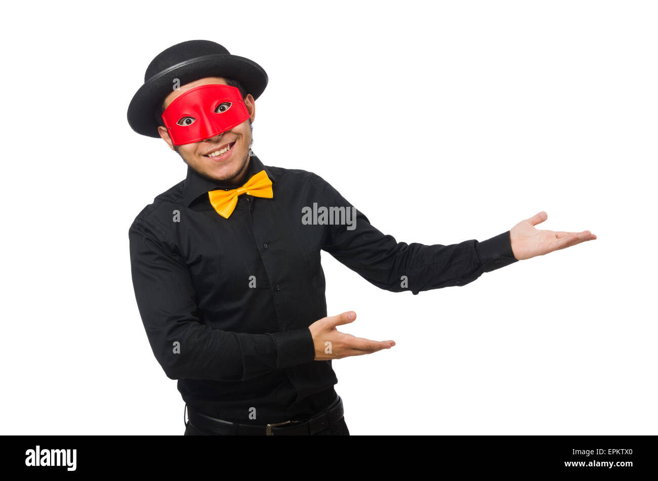 Young man in black costume and red mask isolated on white Stock Photo ...