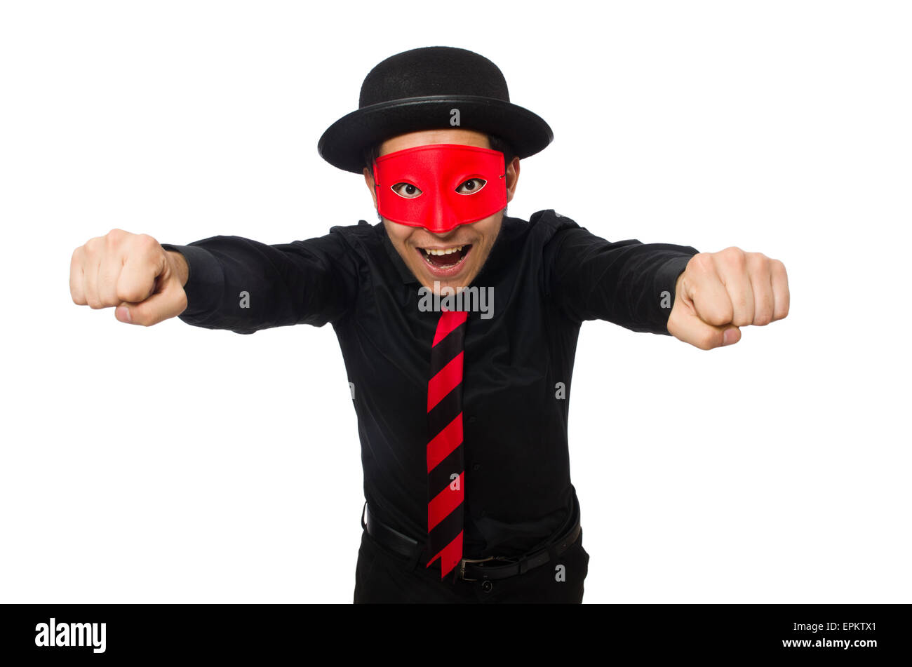 Young man with red mask isolated on white Stock Photo - Alamy