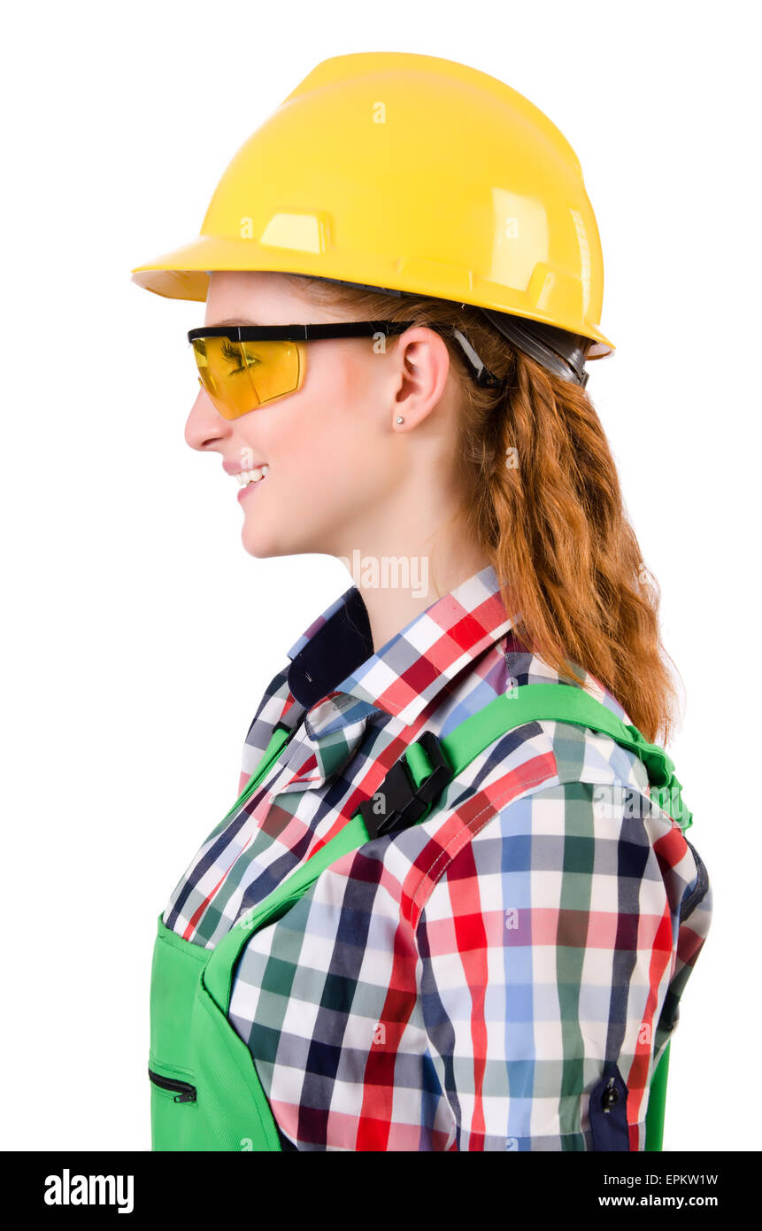 Female handyman in overalls isolated on white Stock Photo - Alamy