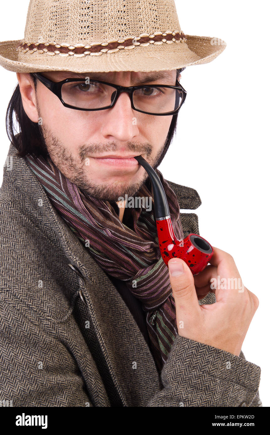 Young detective with pipe isolated on white Stock Photo - Alamy