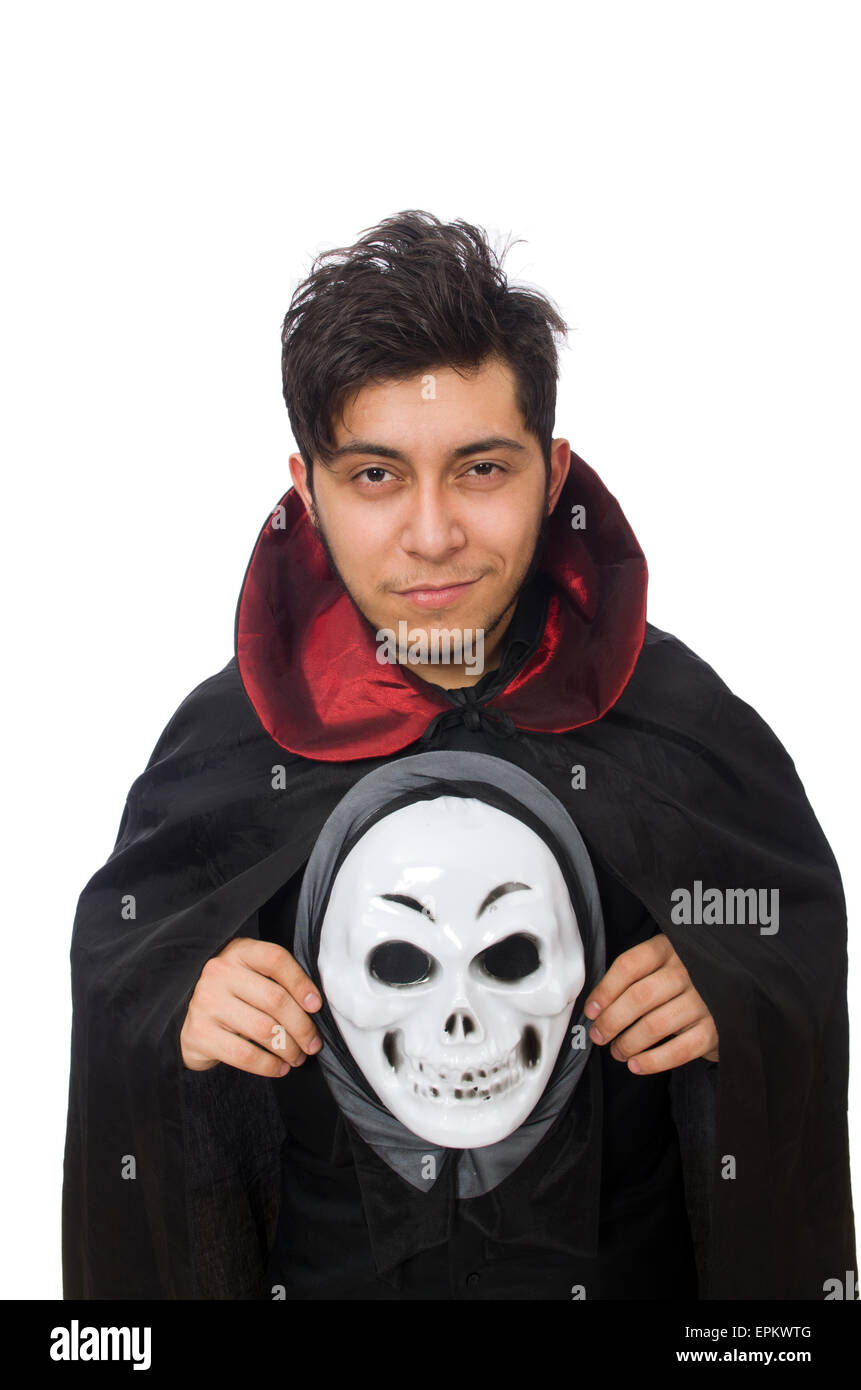 Man in horror costume with mask isolated on white Stock Photo - Alamy