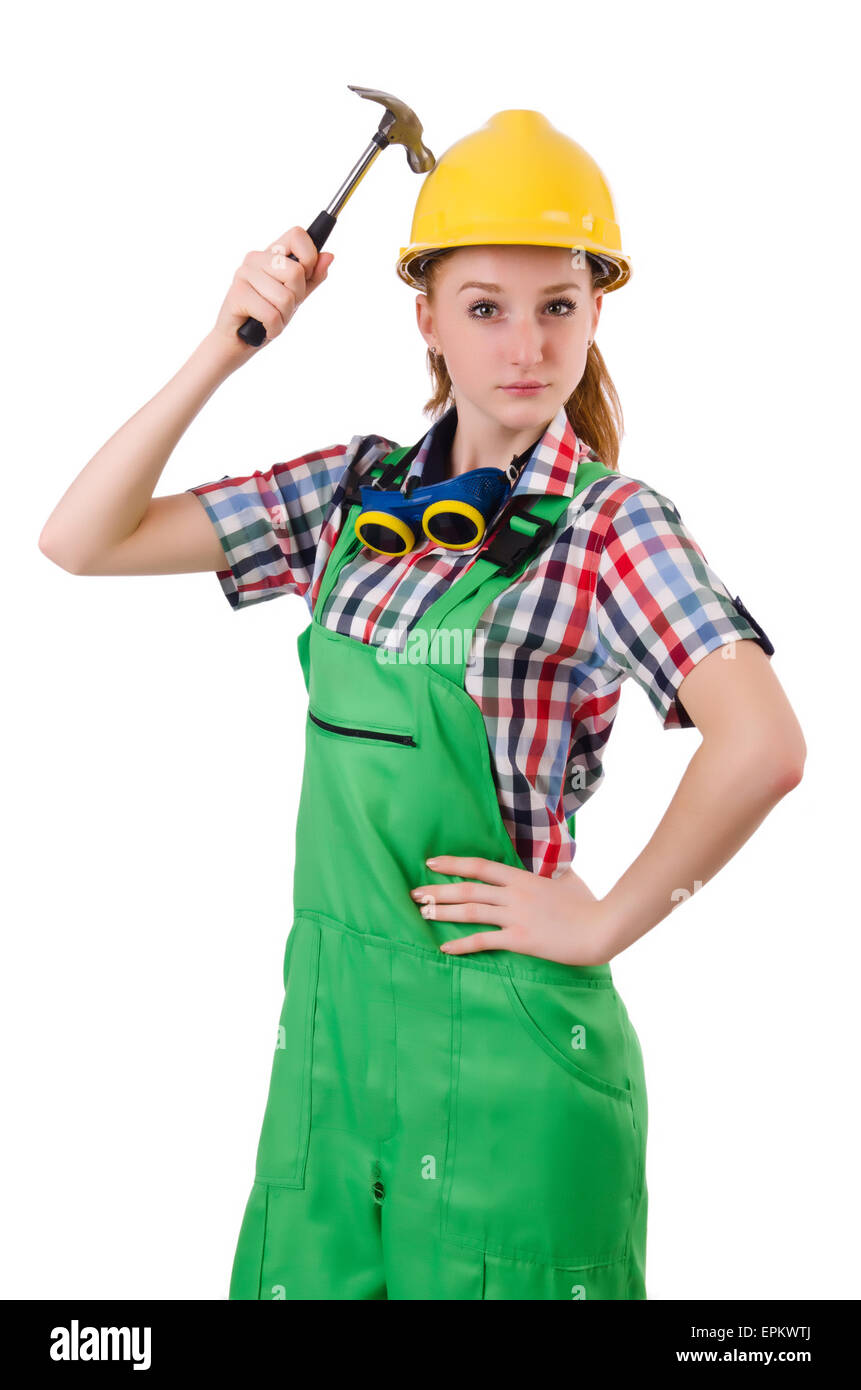 Female handyman in overalls isolated on white Stock Photo - Alamy