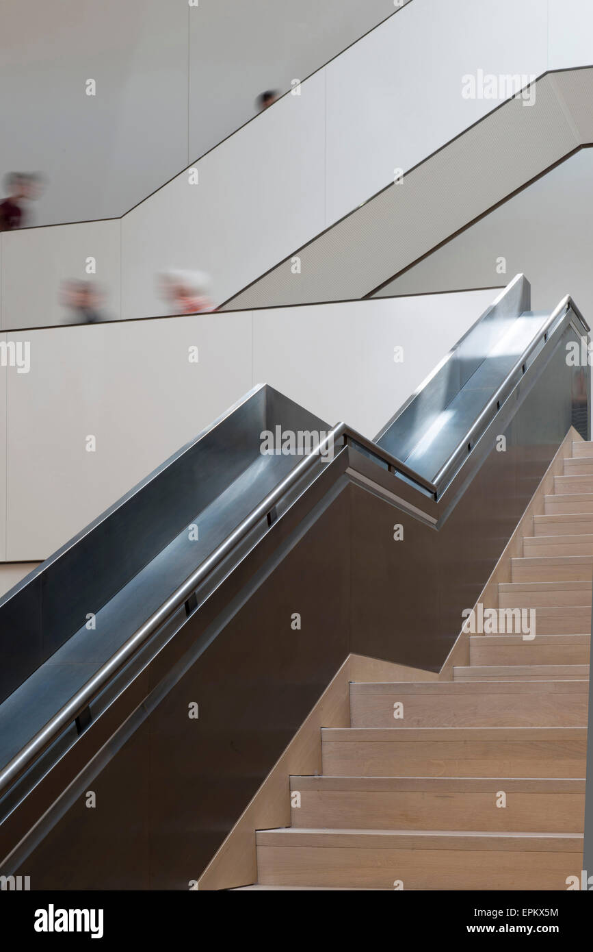 Stairs with metal handrail in new wing of Lenbachhaus, Munich, Germany ...