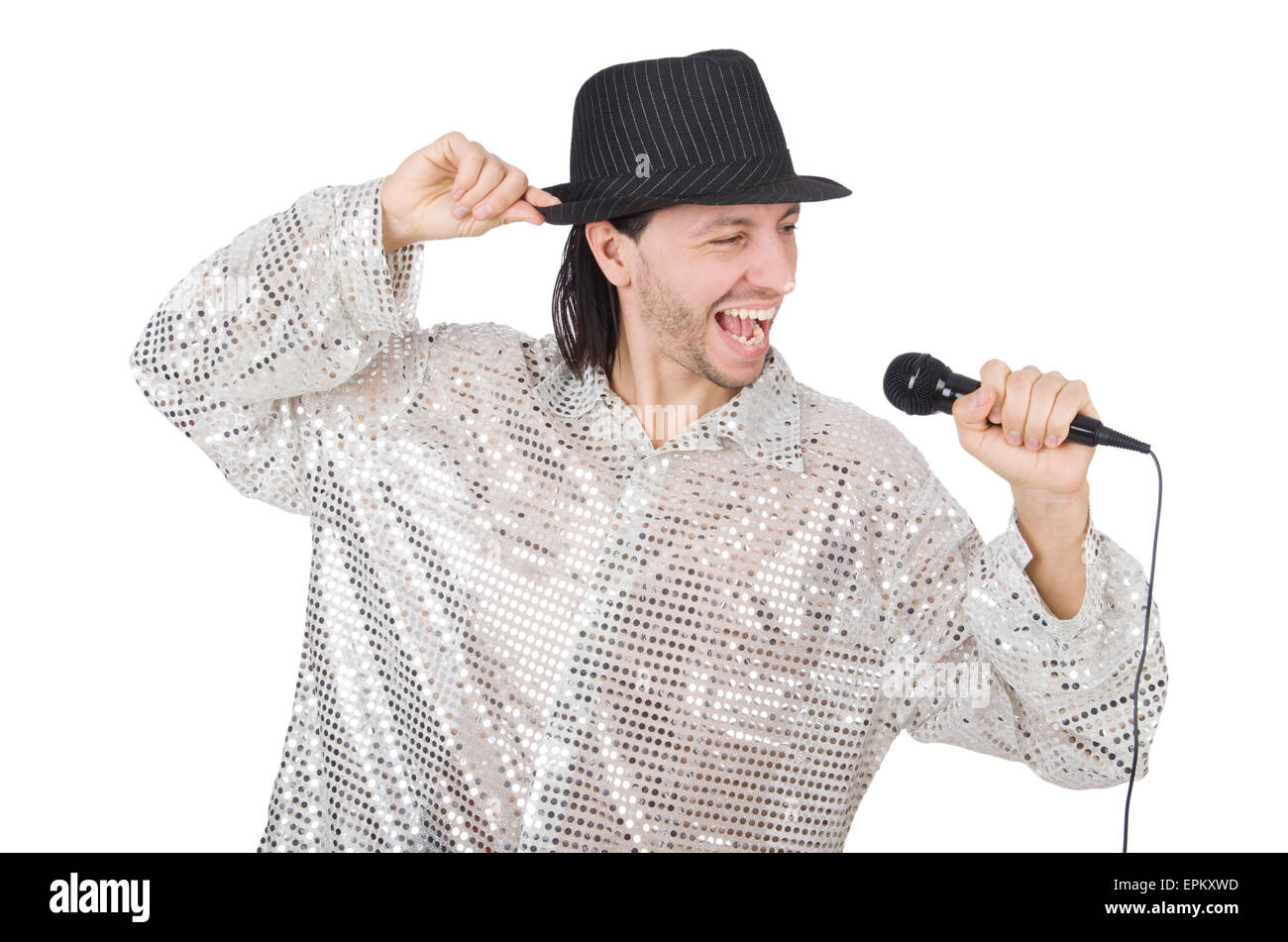 Man with mic isolated on white Stock Photo - Alamy