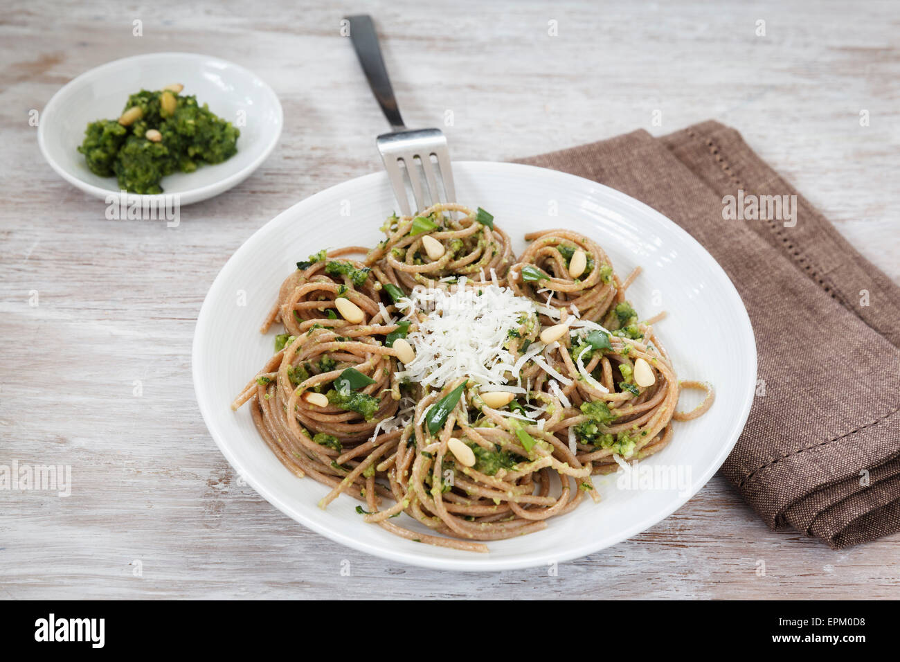 Whole-grain spelt spaghetti with ramson pesto Stock Photo - Alamy